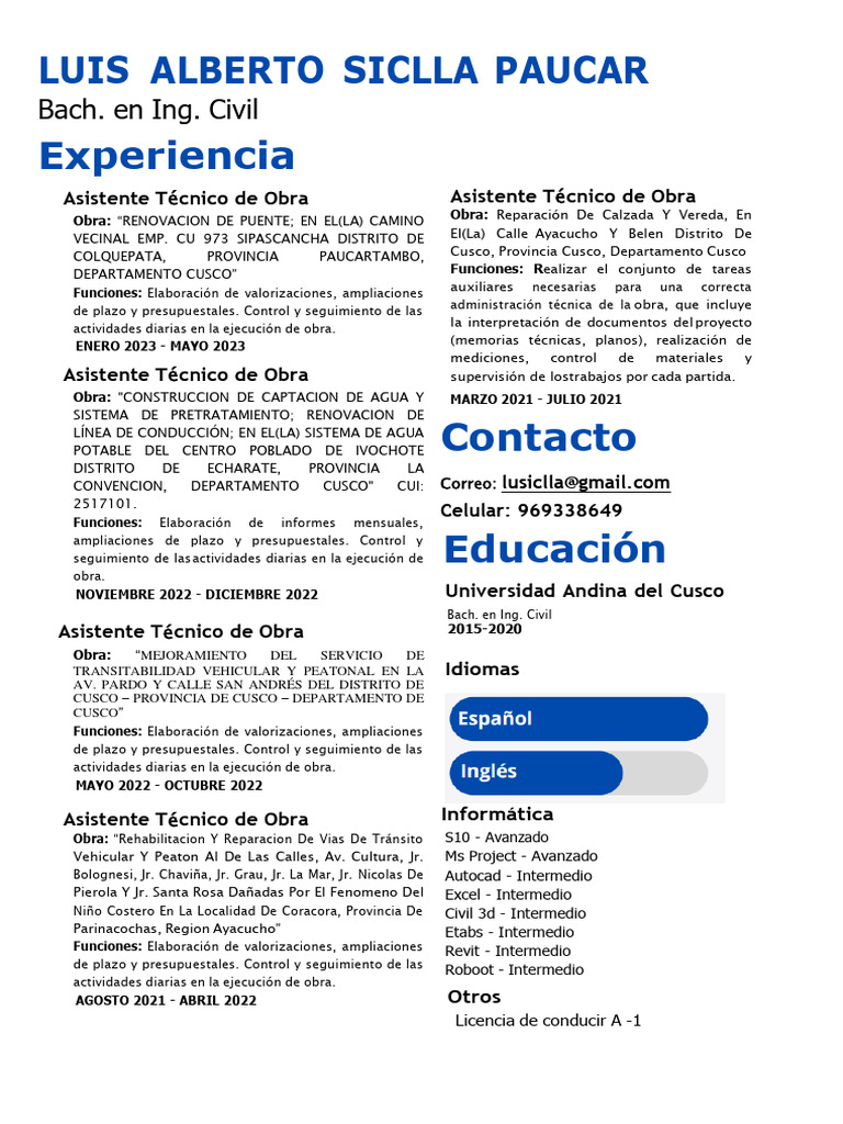 CV LUIS SICLLA PAUCAR ACTUALIZADO Final | PDF