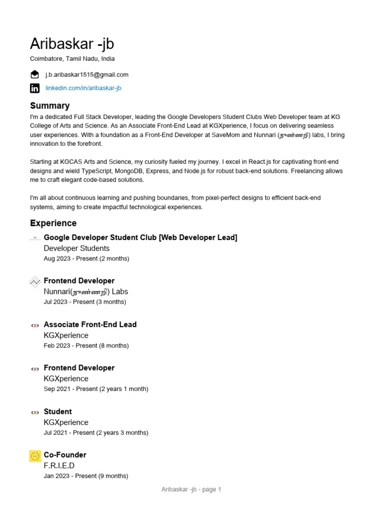 Resume Aribaskar JB | PDF | Compiler | World Wide Web