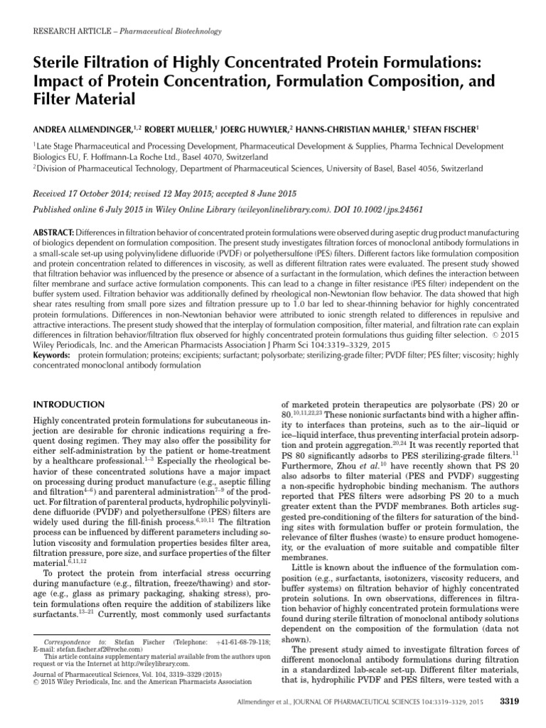 Sterile Filtration of Highly Concentrated Protein Formulations | PDF ...