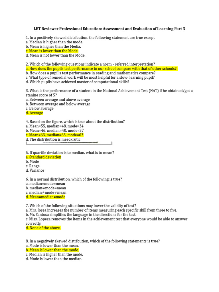 ASSESS EVAL LEARNING PART 3 Edit | PDF | Validity (Statistics) | Mean
