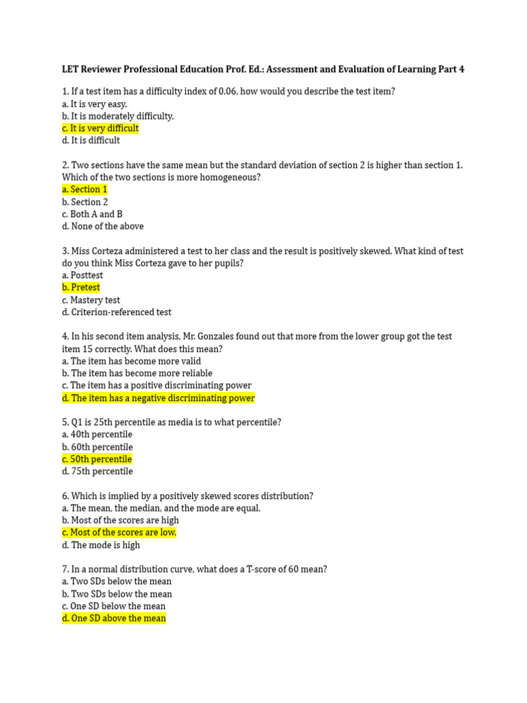 ASSESS EVAL LEARNING PART 4 Edit | PDF | Mean | Percentile