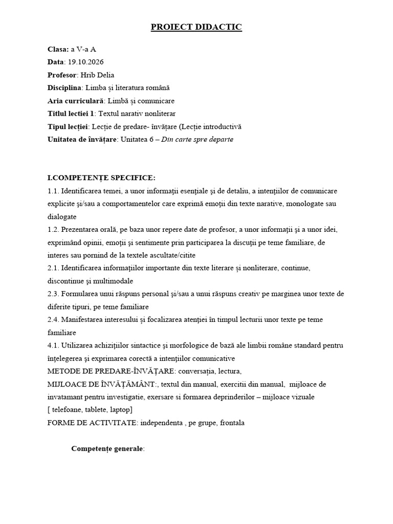 Plan de Lectie Hrib Delia.0 | PDF