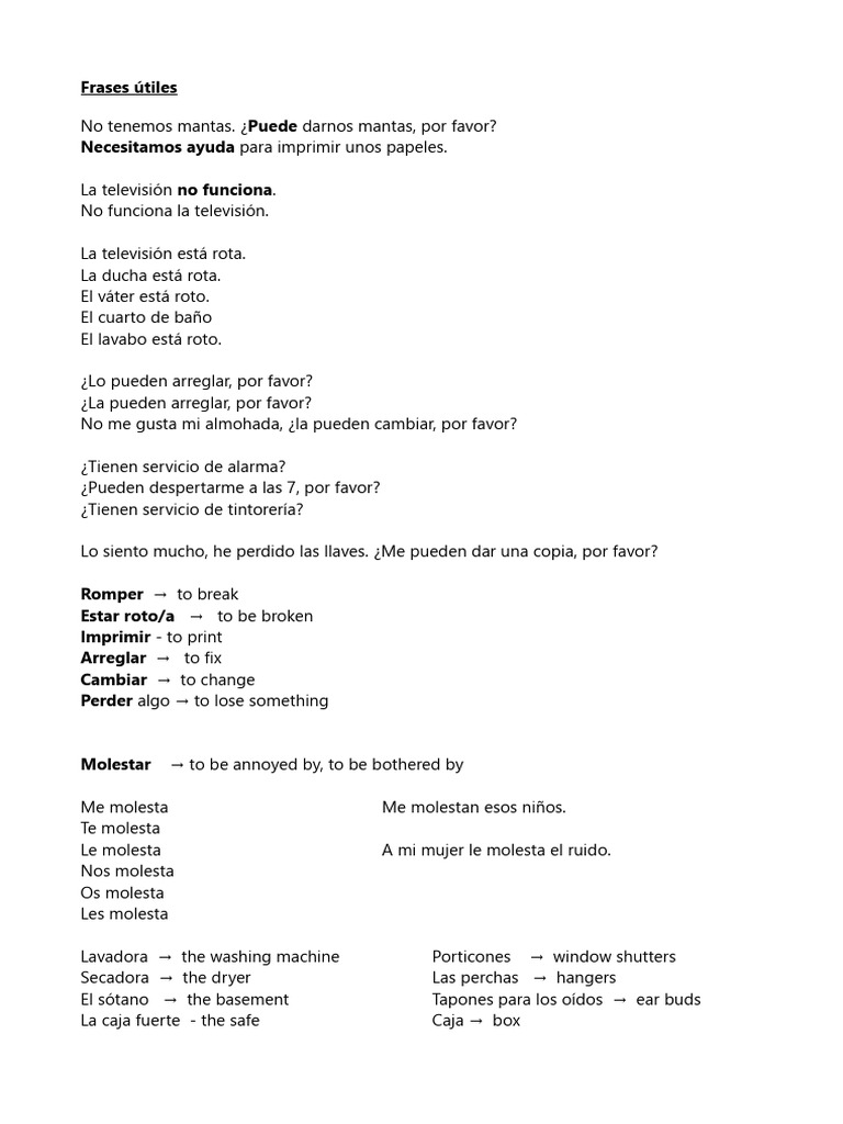 Español ELE - Frases Útiles para El Hotel | PDF