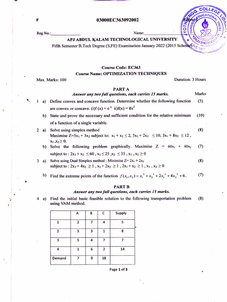 B.Tech Optimization Techniques Exam 2022 | PDF | Mathematical Optimization | Computational Science