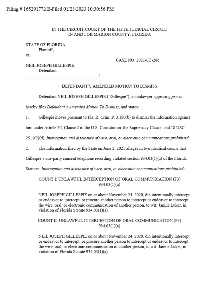 Motion To Dismiss One-Party Consent Telephone Recording Case 2021-CF ...