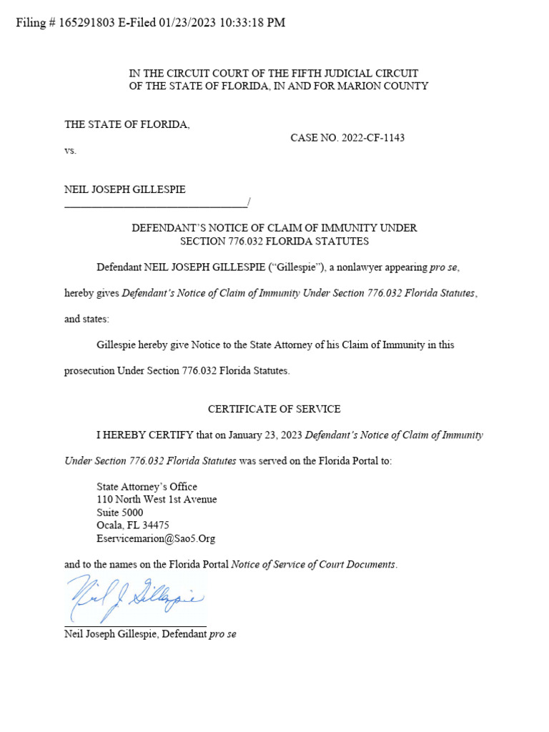 Claim of Immunity Under Fla. Stat. 776.032 | PDF | Politics | Social ...