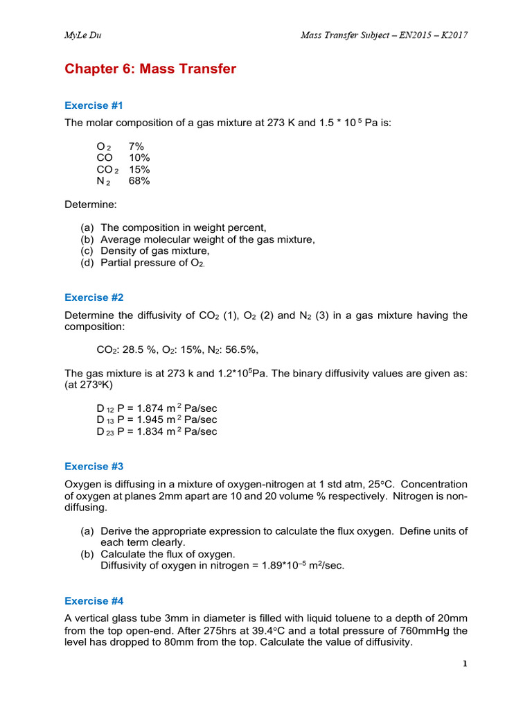 Mass Transfer Exercises and Calculations | PDF | Technology & Engineering