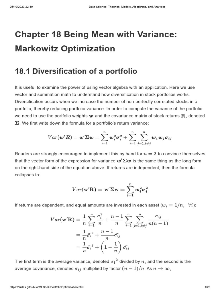 Markowitz Model Derivation | PDF | Diversification (Finance) | Modern ...