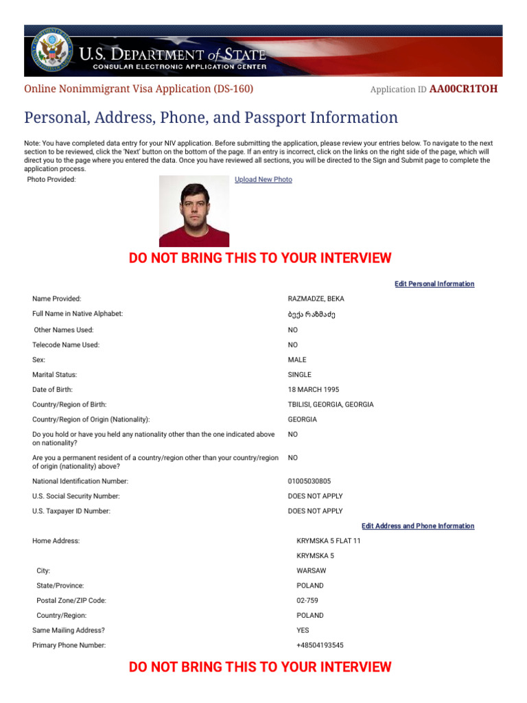 DS-160 Review for Visa Applicants | PDF | Zip Code | Identity Document