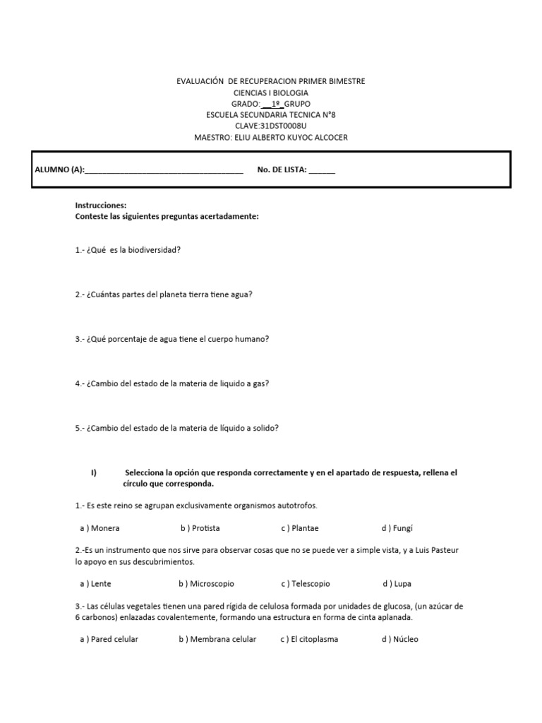 Examen de Recuperacion 1 Bimestre Eliu | PDF