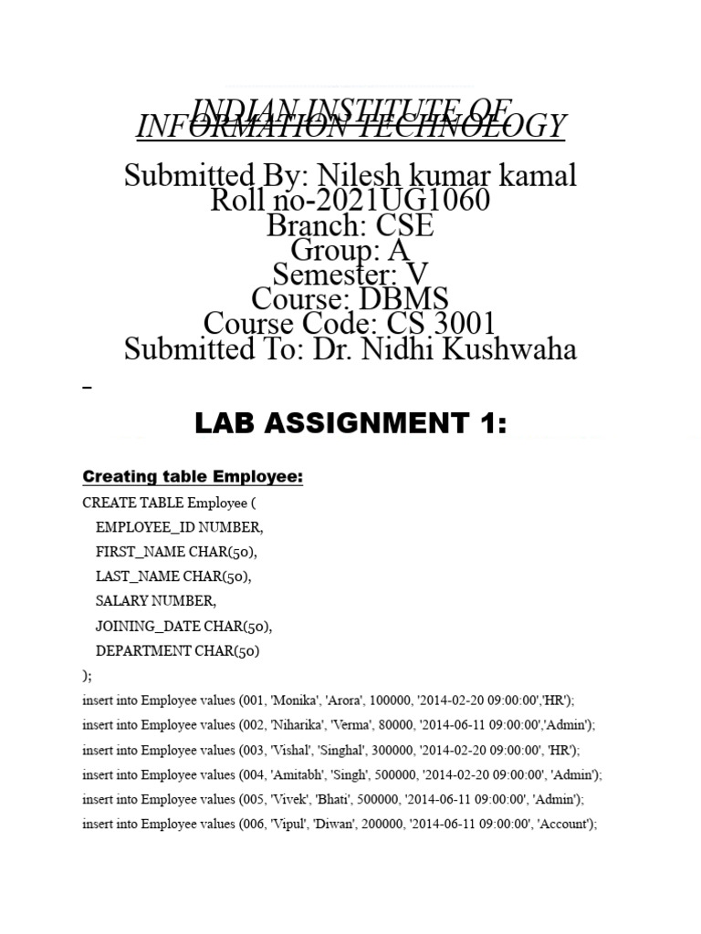 DBMS LAB Assignment 1new | PDF | Sql | Data DBMS LAB Assignment 1new | PDF | Sql | Data