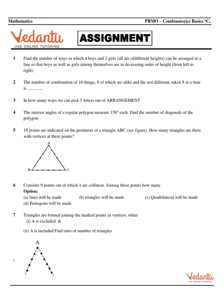 Prmo Combinatorics Lec1 Assignment Questions | PDF | Triangle | Geometric Shapes