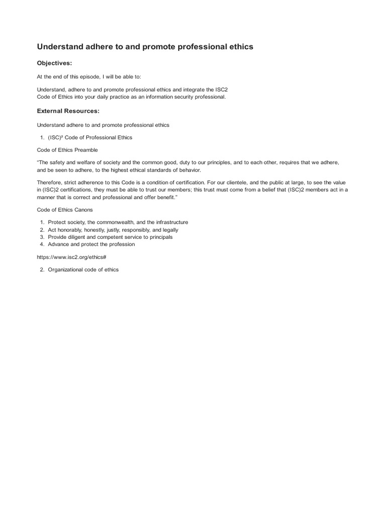 Isc2 Cissp 1 1 1 Understand Adhere To and Promote Professional Ethics | PDF Isc2 Cissp 1 1 1 Understand Adhere To and Promote Professional Ethics | PDF