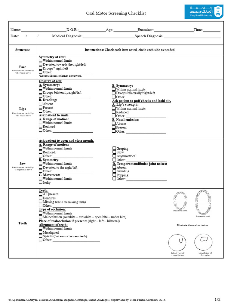 Oral Motor Screening Checklist | PDF | Mouth | Human Head And Neck
