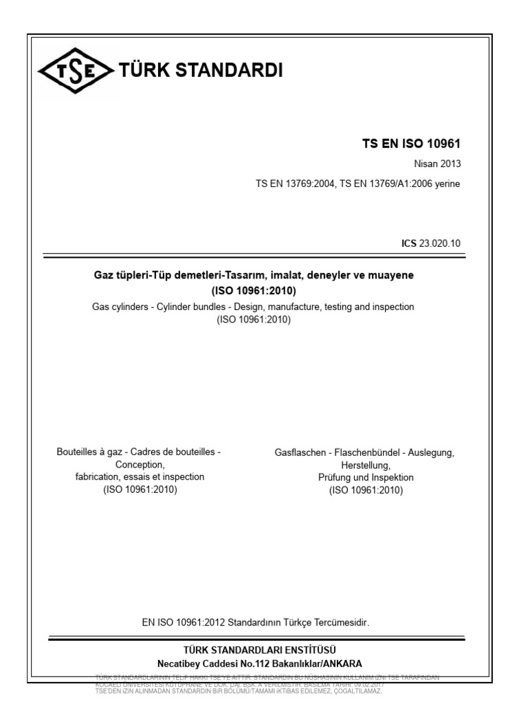 141-TS en ISO 10961 Gaz Tüpleri-Tüp Demetleri | PDF