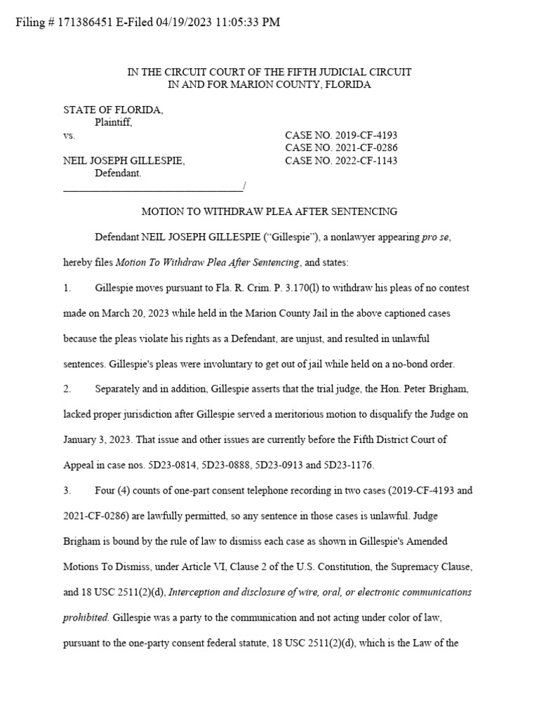 Florida Motion To Withdraw Plea After Sentencing | PDF