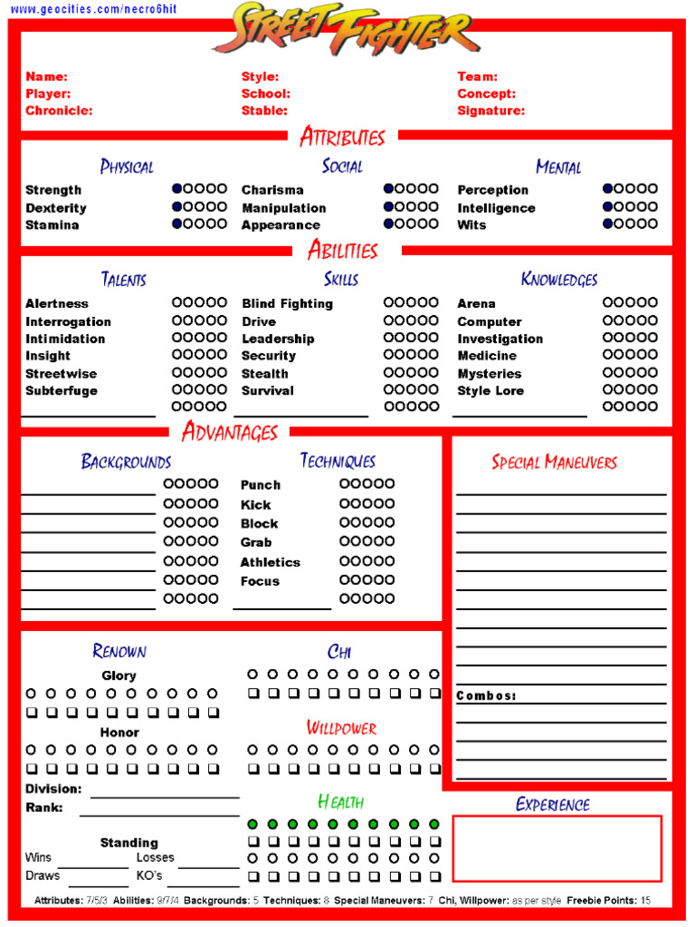 Street Fighter Character Sheet | PDF