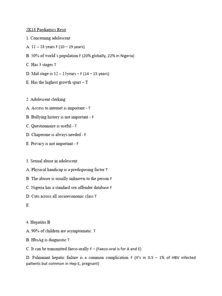 Answered Paeds Resit EOPT MCQs | PDF