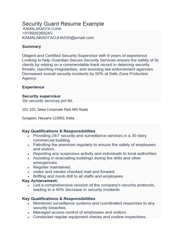 Security Guard Resume Example | PDF | Security Guard | Surveillance