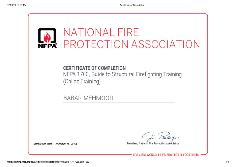 NFPA 1700 Certificate Babar | PDF