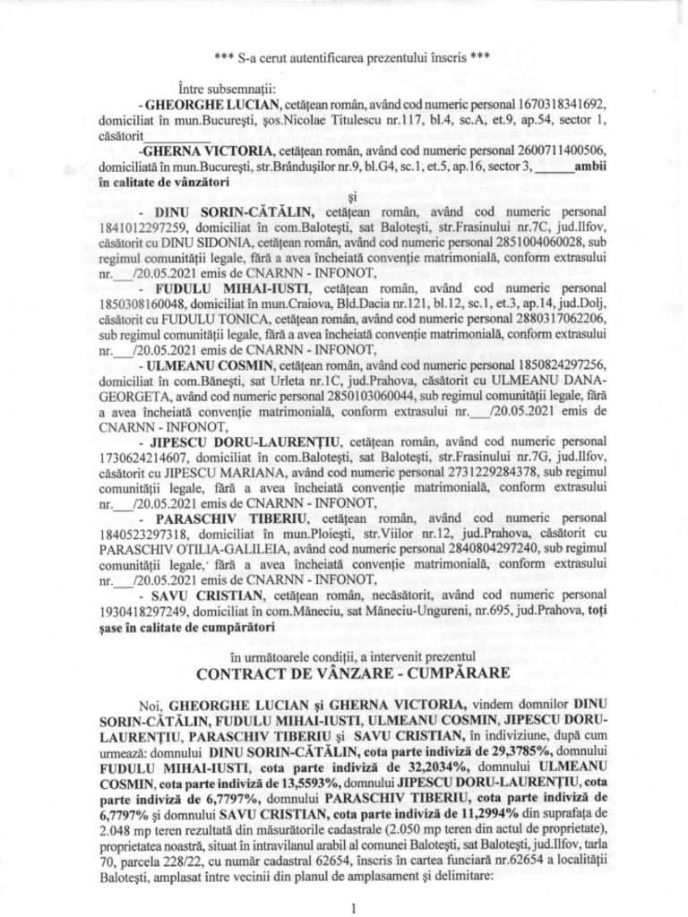 Draft Contract Vanzare Cumparare Numar Cadastral 62654 | PDF