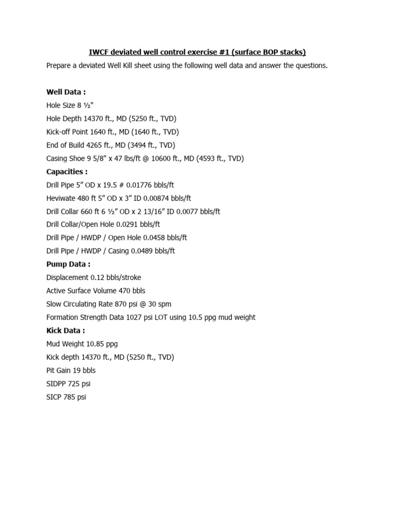 IWCF Deviated Well Kill Sheet Exercise | PDF | Casing (Borehole ...