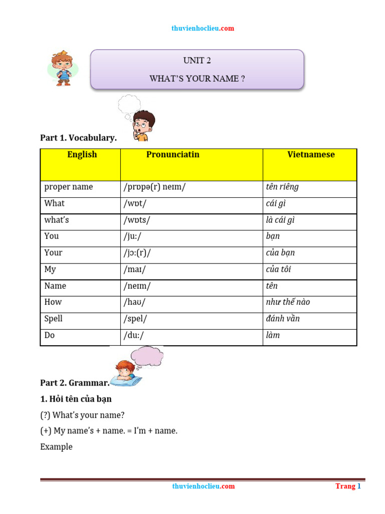 BÀI TẬP UNIT 2 WHAT'S YOUR NAME | PDF