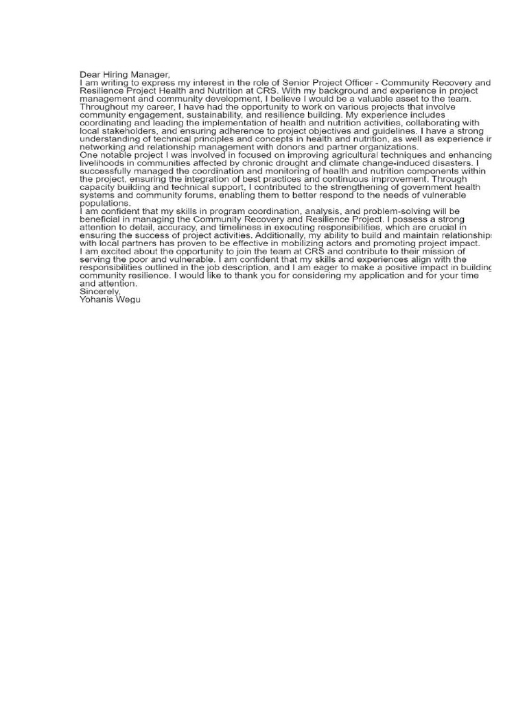 Yohanis Wegu Cover Letter CRS | PDF