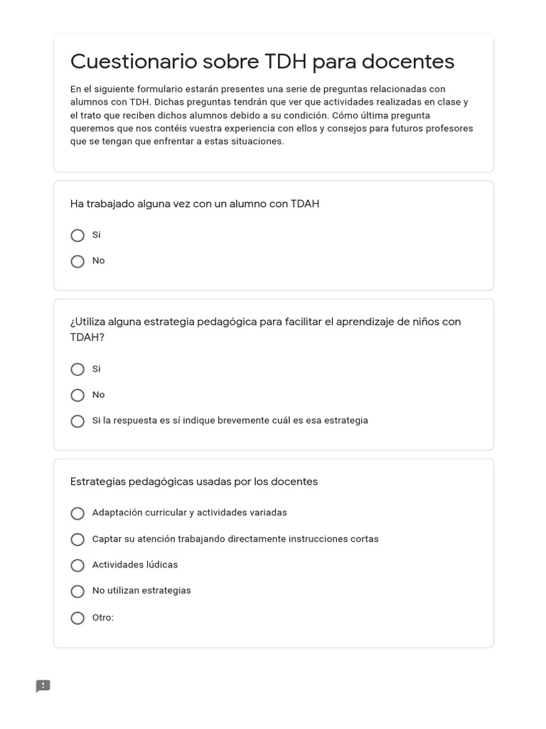 Cuestionario Sobre TDH para Docentes | PDF | Enseñando | Desorden ...