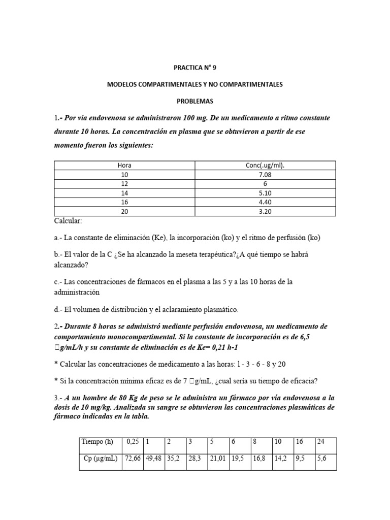 Practica No 9 Problemasmod Comp y No Comp. | PDF | Farmacocinética | Medicamentos con receta