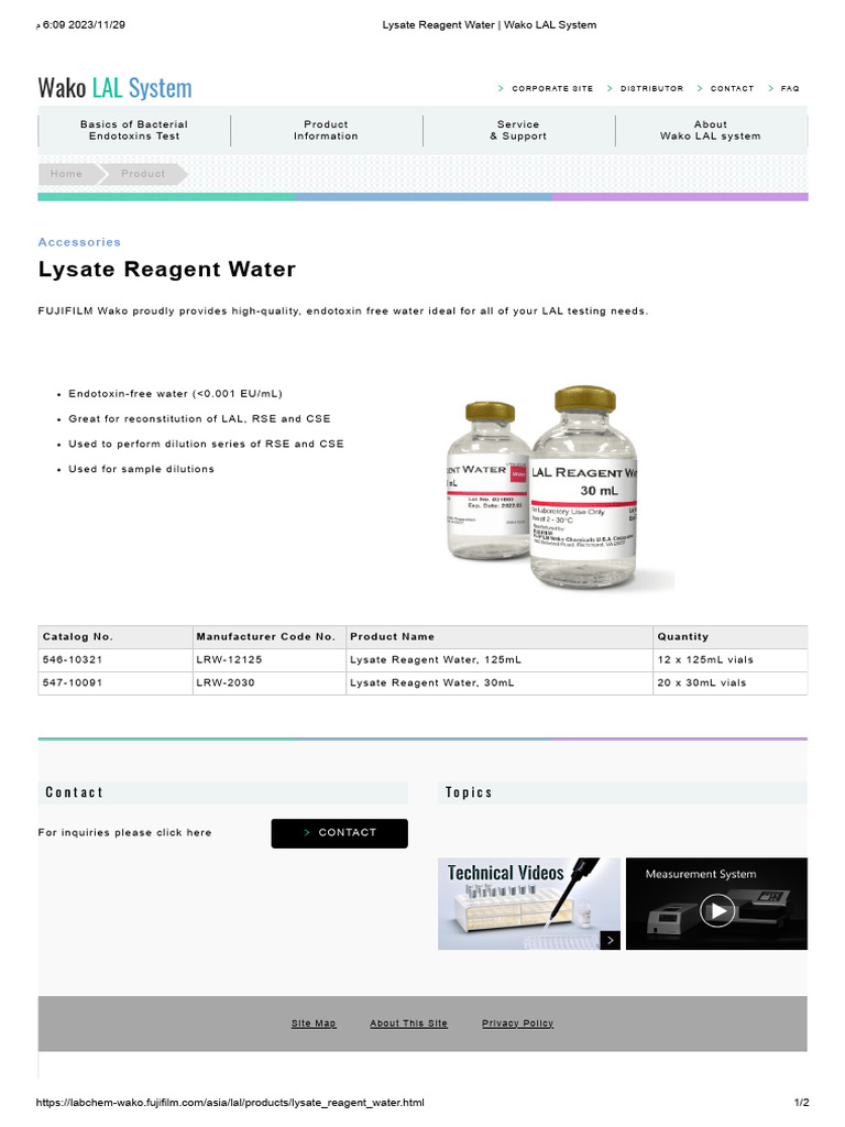 Lysate Reagent Water - Wako LAL System | PDF