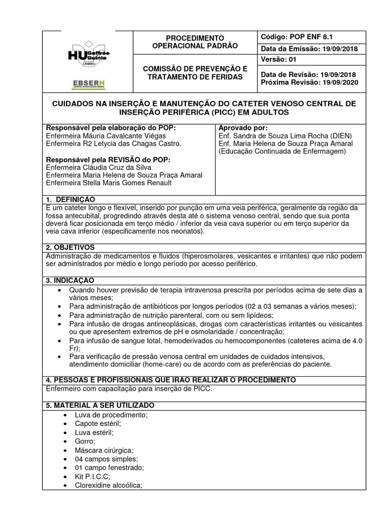 Pop 8 1 - Cuidados Na Insercao e Manutencao Do Cateter Venoso Central ... Pop 8 1 - Cuidados Na Insercao e Manutencao Do Cateter Venoso Central ...