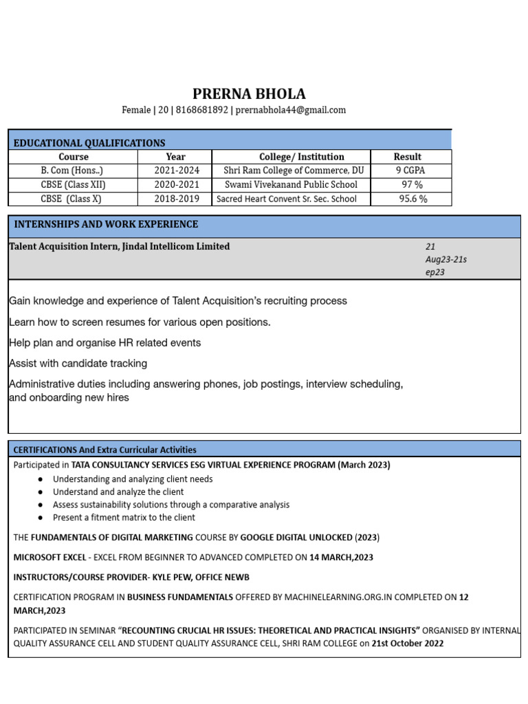 Prerna Bhola Final CV | PDF | Career & Growth