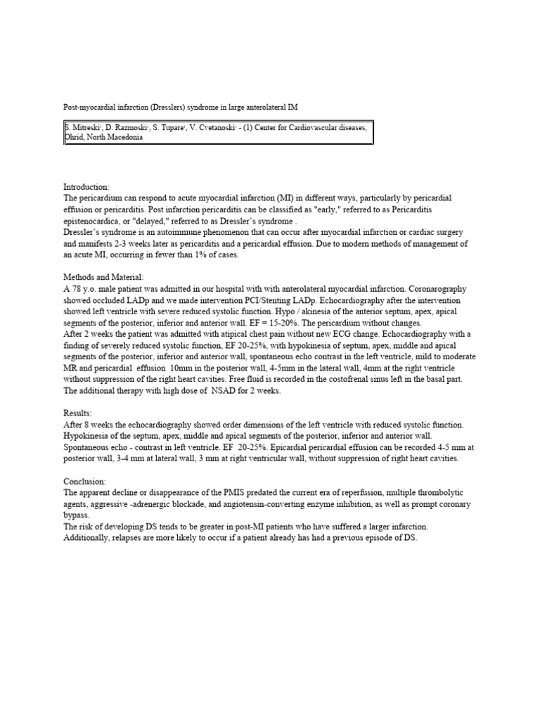 Dressler's Syndrome Post Myocardial Infarction | PDF | Myocardial ...