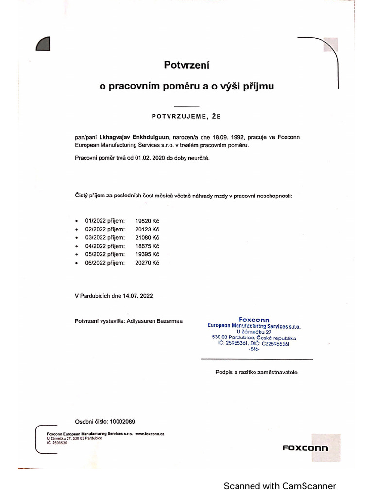 Potverzení o Pracovním Poměru | PDF