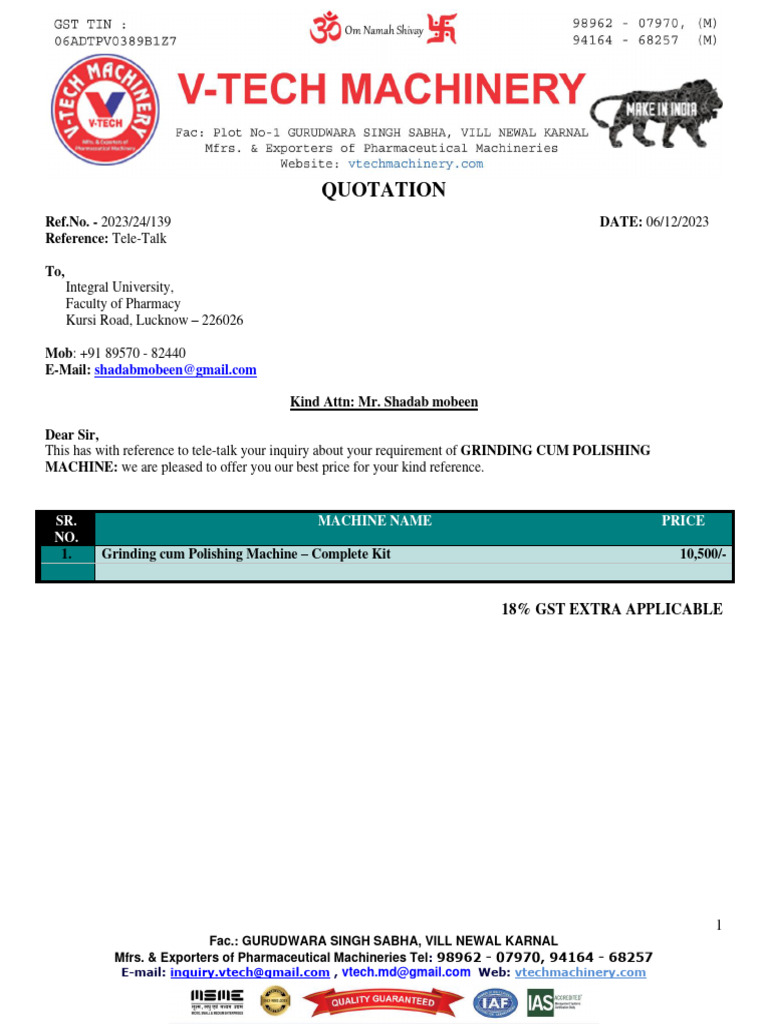139 - Quotation For Grinding Cum Polishing Machine - Integral ...