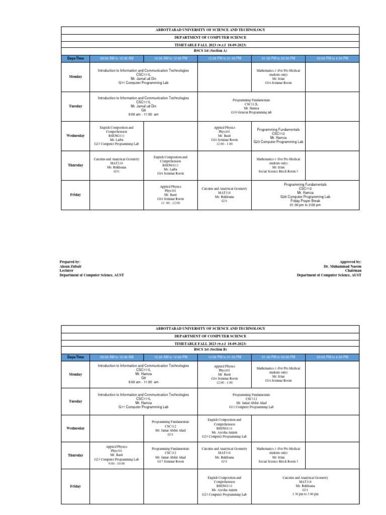 Timetable Fall 2023 BSCS-1 | PDF