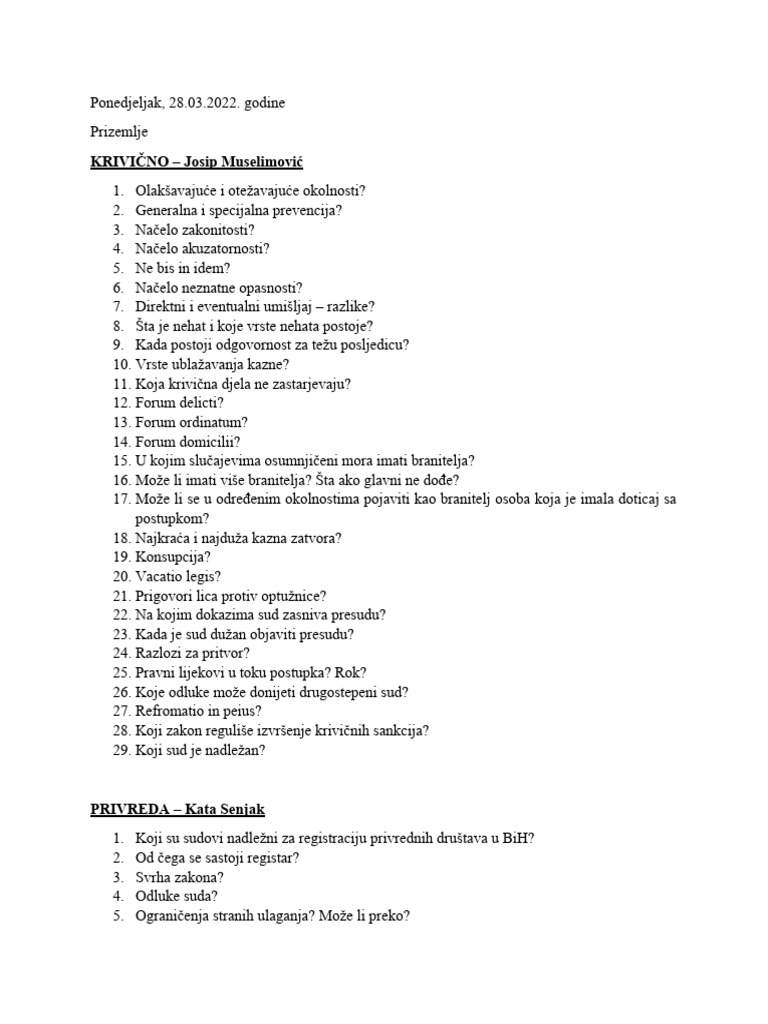 Pitanja Pravosudni Ispit Prizemlje 26.03.2022.god | PDF