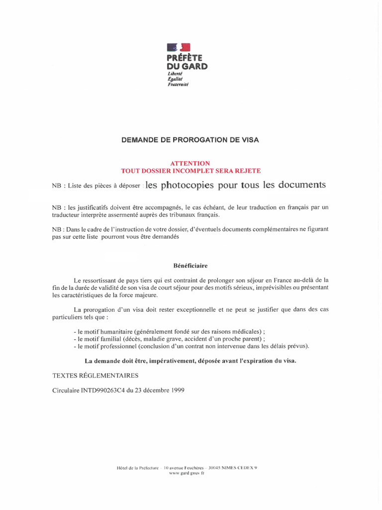 Formulaire Demande de Prolongation Visa Court Séjour | PDF