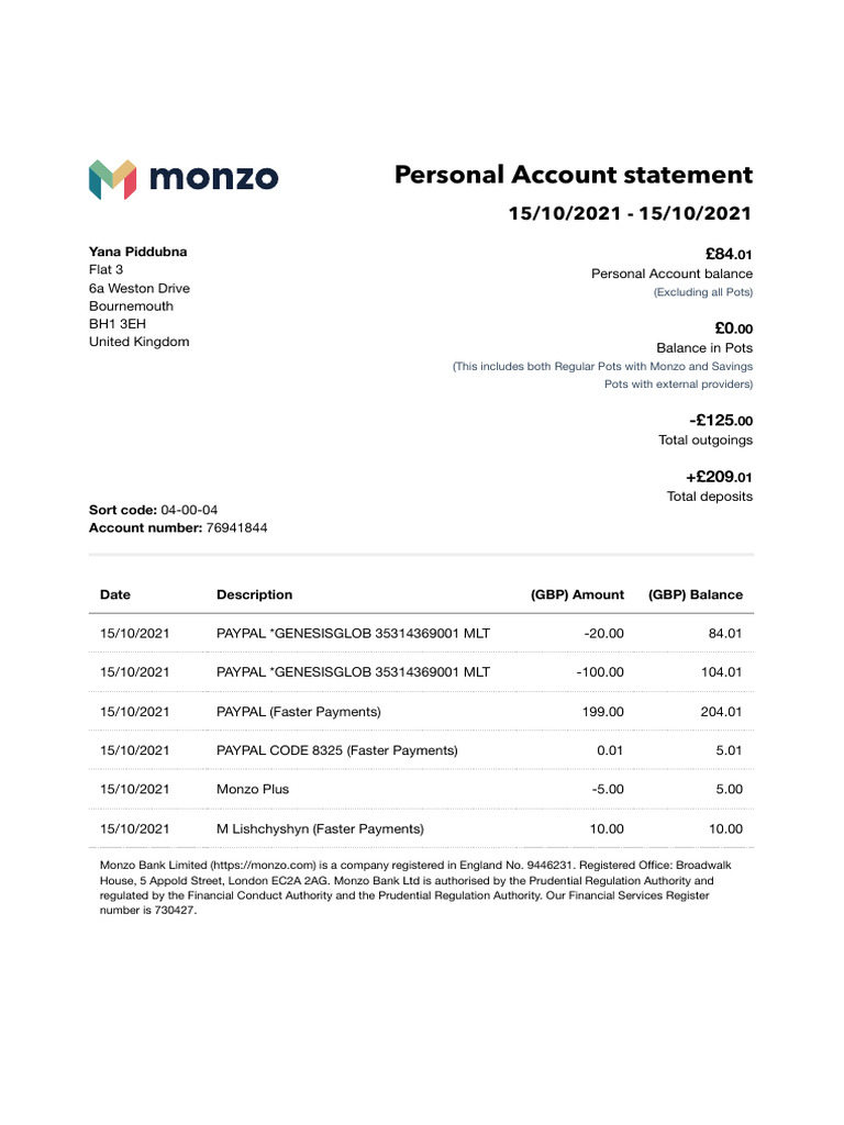 Monzo Bank Statement 2021 10 15-2021 10 15 4582 | PDF | Deposit Account ...