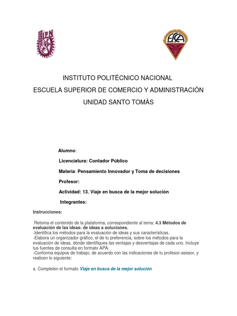 Act13 Viaje en Busca de La Mejor Solución | PDF | Evaluación | Toma de decisiones