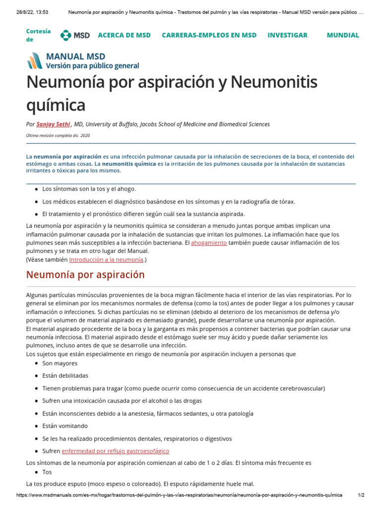 Neumonía Por Aspiración y Neumonitis Química - Trastornos Del Pulmón y ...