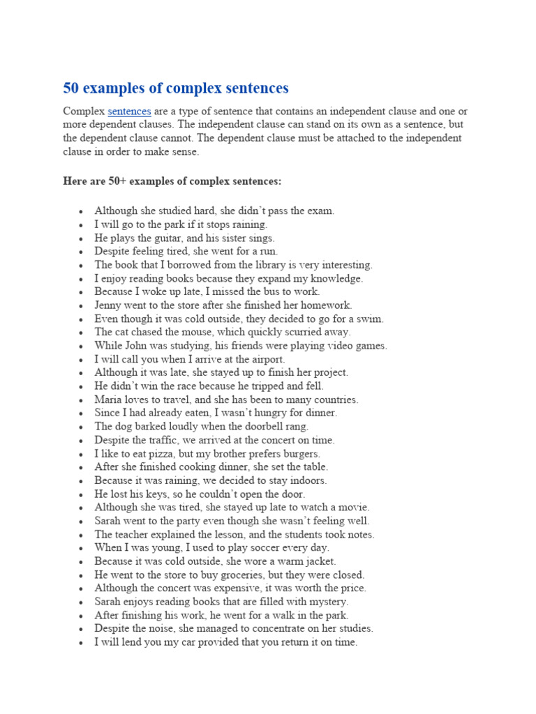 50 Examples of Complex Sentences | PDF