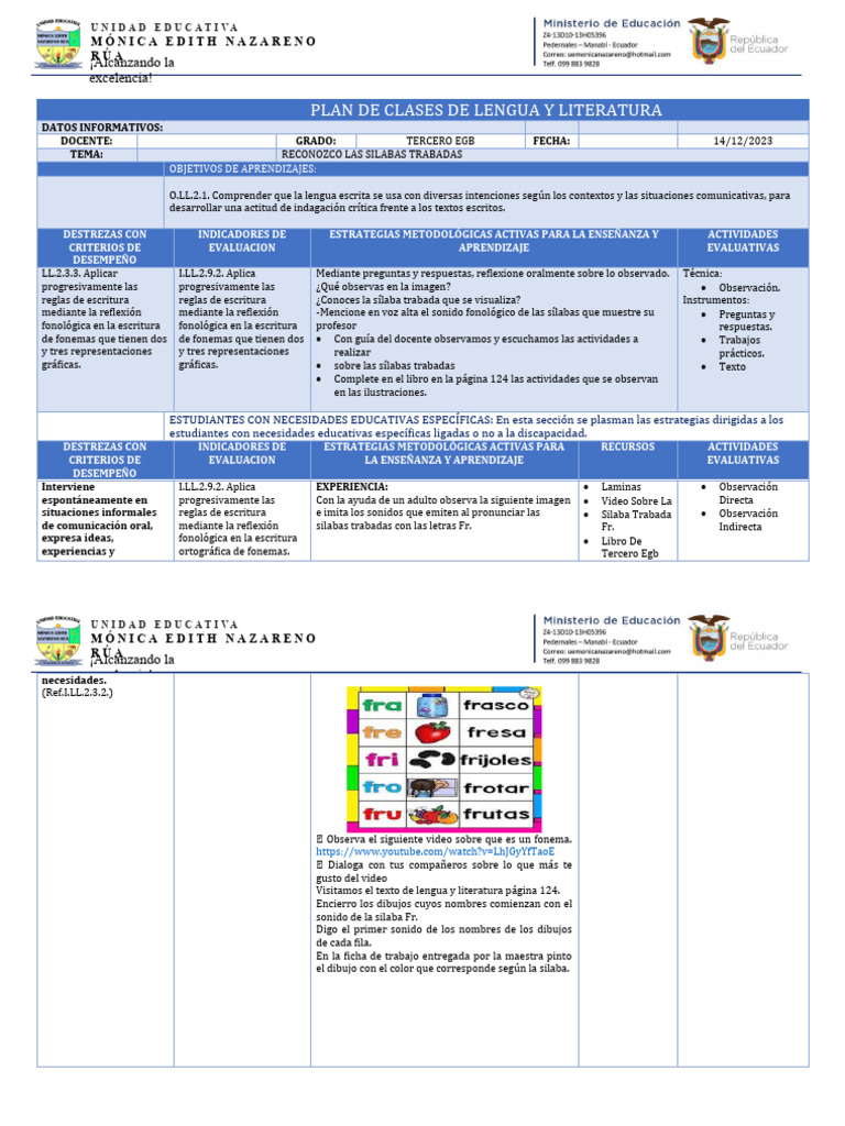 Plan de Clases de Lengua y Literatura | PDF | Evaluación | Ciencia cognitiva