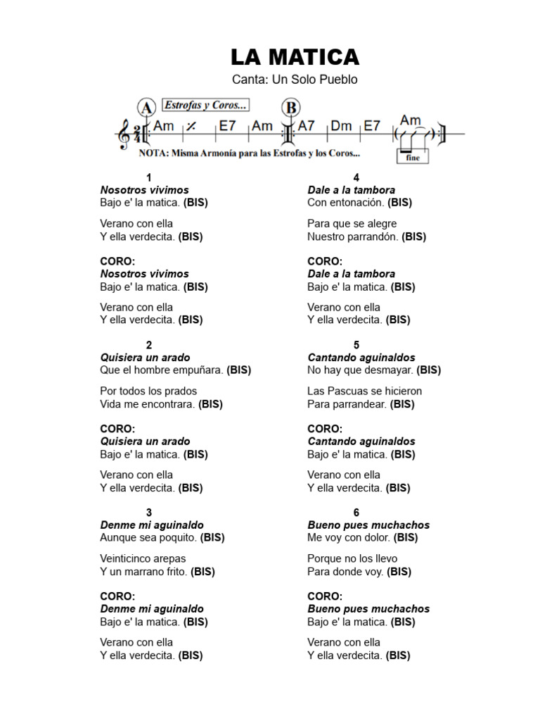 La Matica - Un Solo Pueblo - Am - BASE y LETRA | PDF