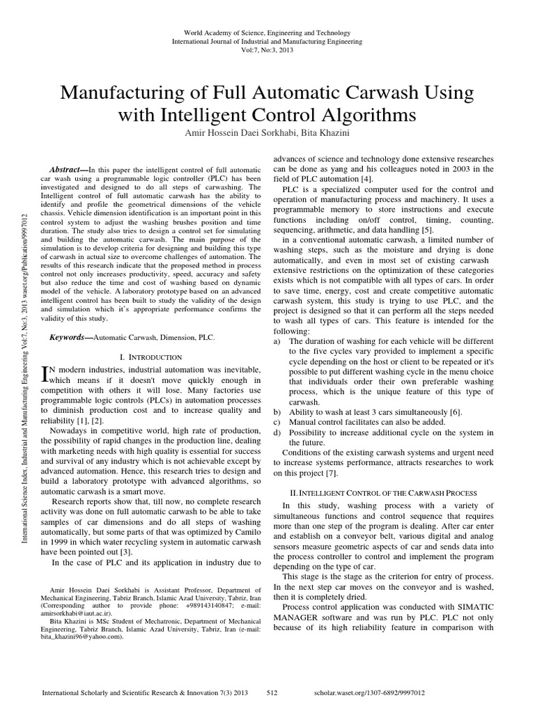 Manufacturing of Full Automatic Carwash Using With Intelligent Control Algorithms | PDF ...