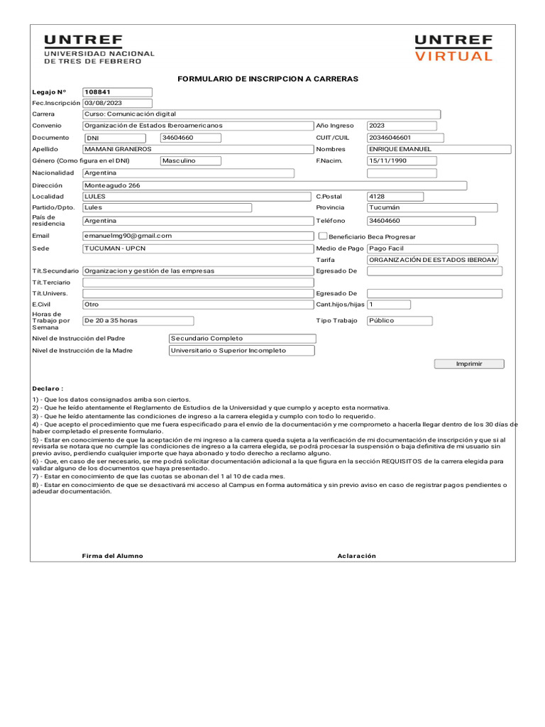 Formulario de Inscripcion - UNTREF Virtual | PDF