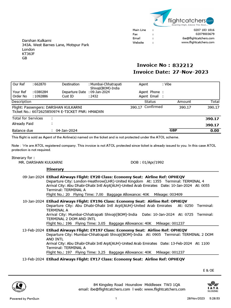 InvoicewithItinerary1 Inet Ref PG5719A1 Booking Ref 662870 Online Ref ...