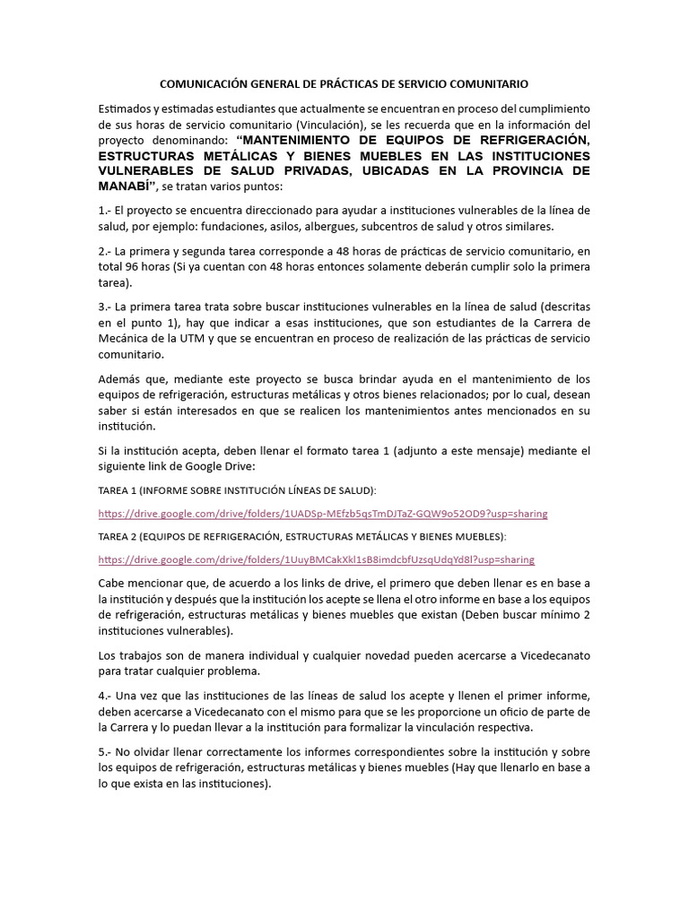 Comunicación General de Prácticas de Servicio Comunitario | PDF