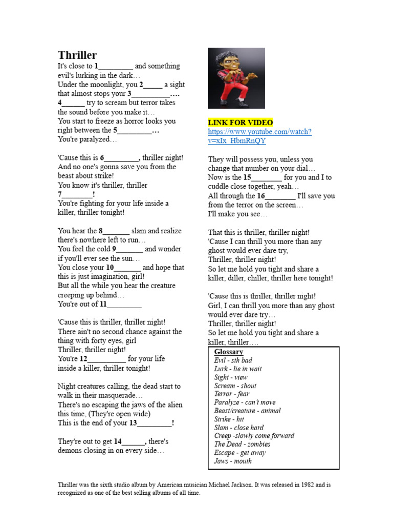Halloween Song Michel Jackson Thriller Worksheet | PDF